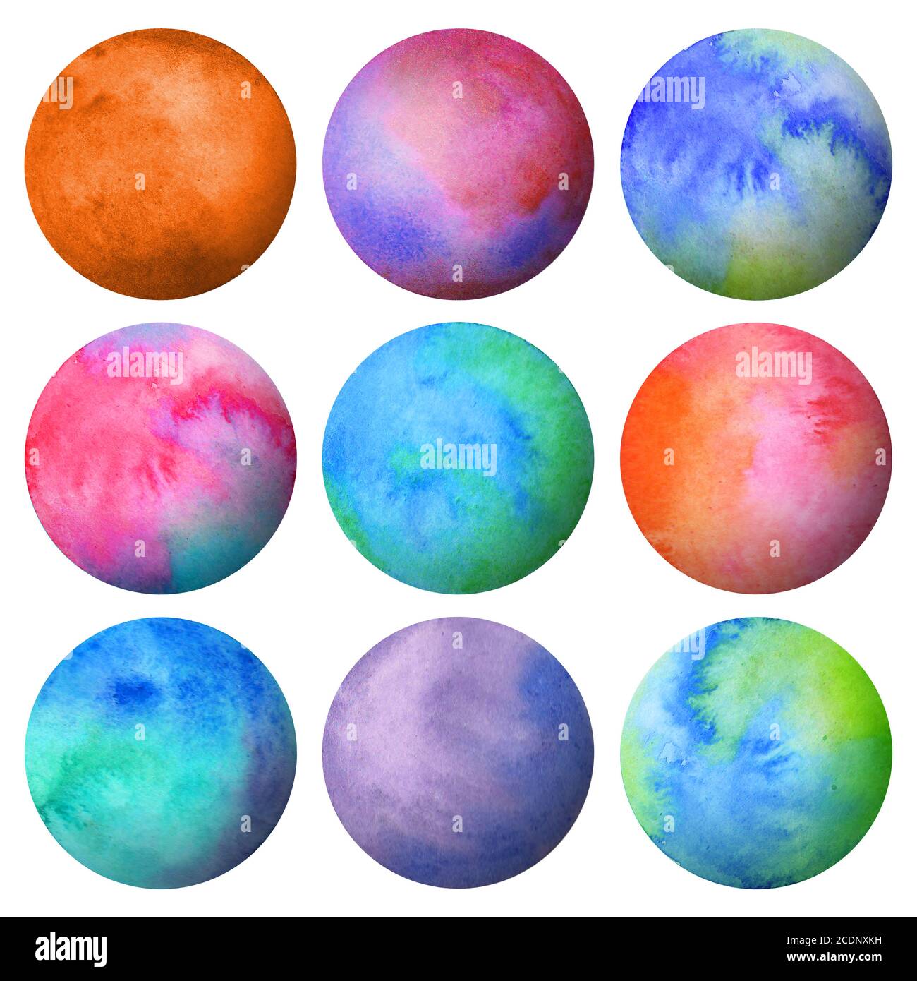 Set of watercolor colored bright planets isolated on white background ...