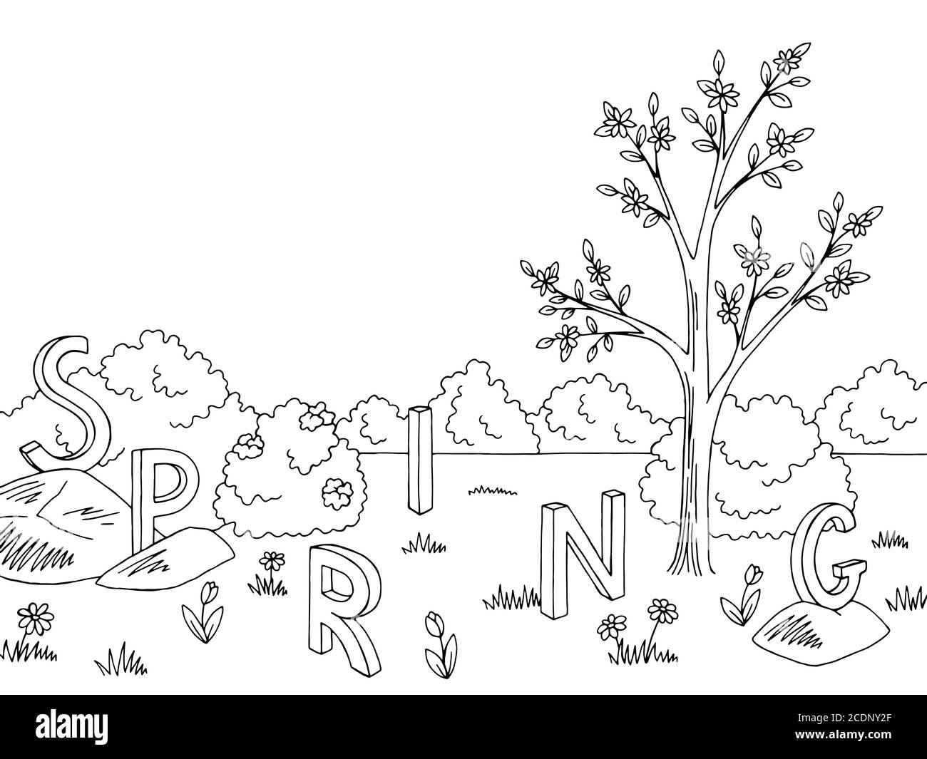 Spring graphic black white landscape tree sketch illustration vector ...