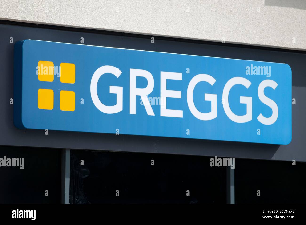 A close-up of a Greggs store sign in Bargoed, Wales, United Kingdom ...