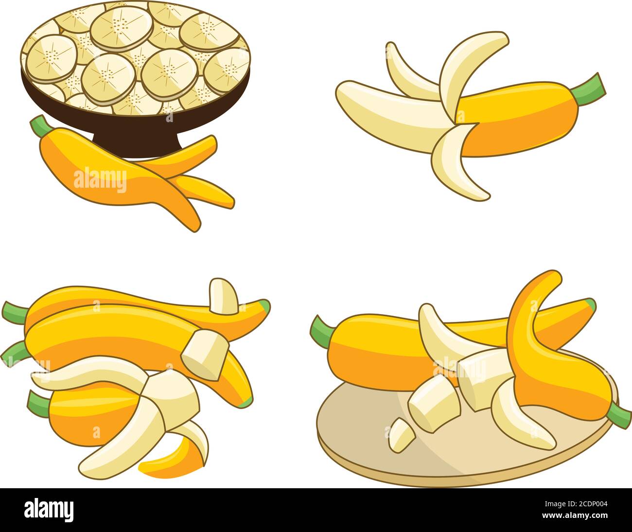 Cartoon bananas. Peel banana, yellow fruit and bunch of bananas ...