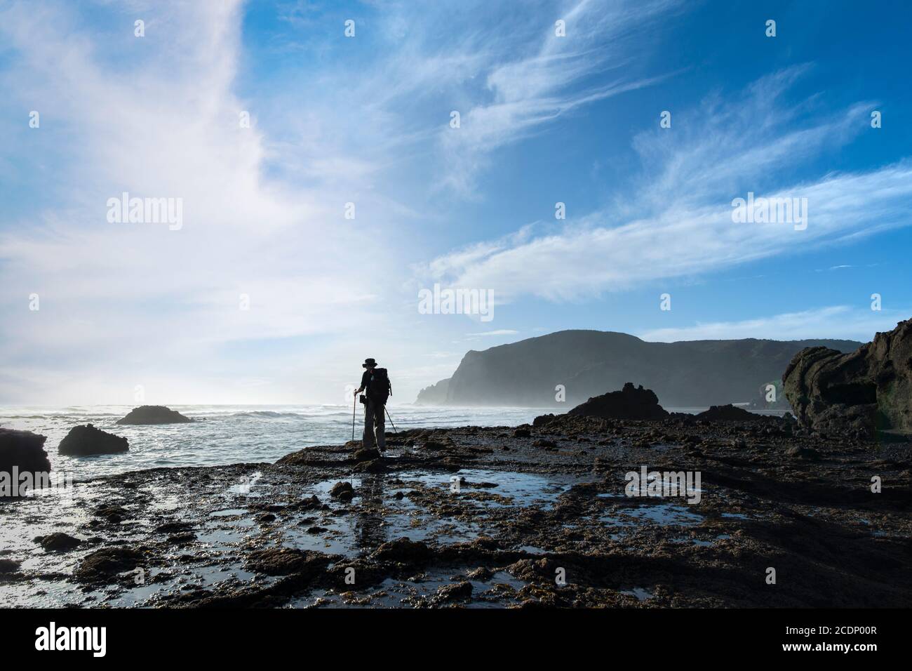 A backpacker standing on the rocks at Anawhata beach, Waitakere ...