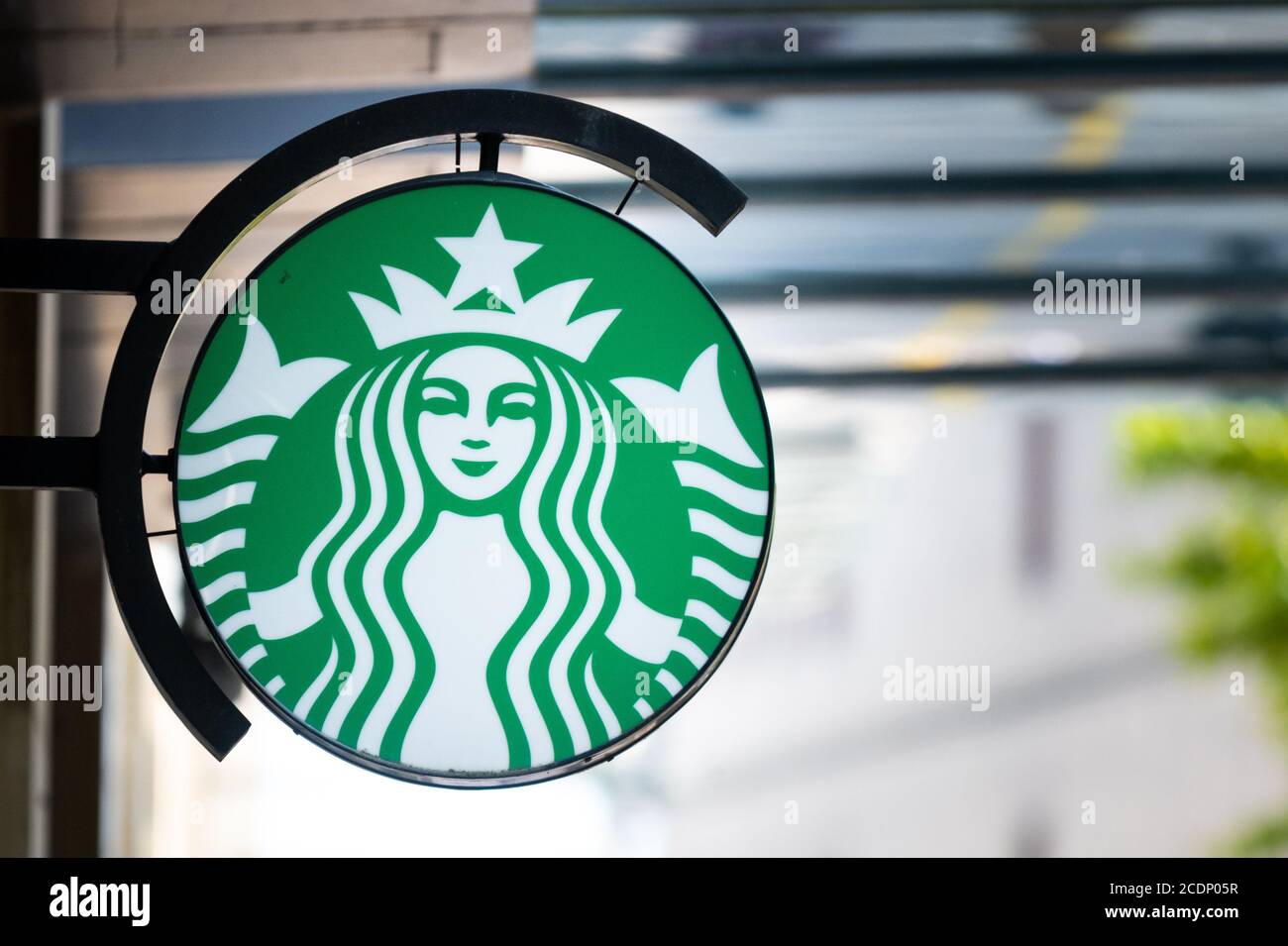 A close-up of a Starbucks coffee shop sign in Cardiff, Wales, United ...