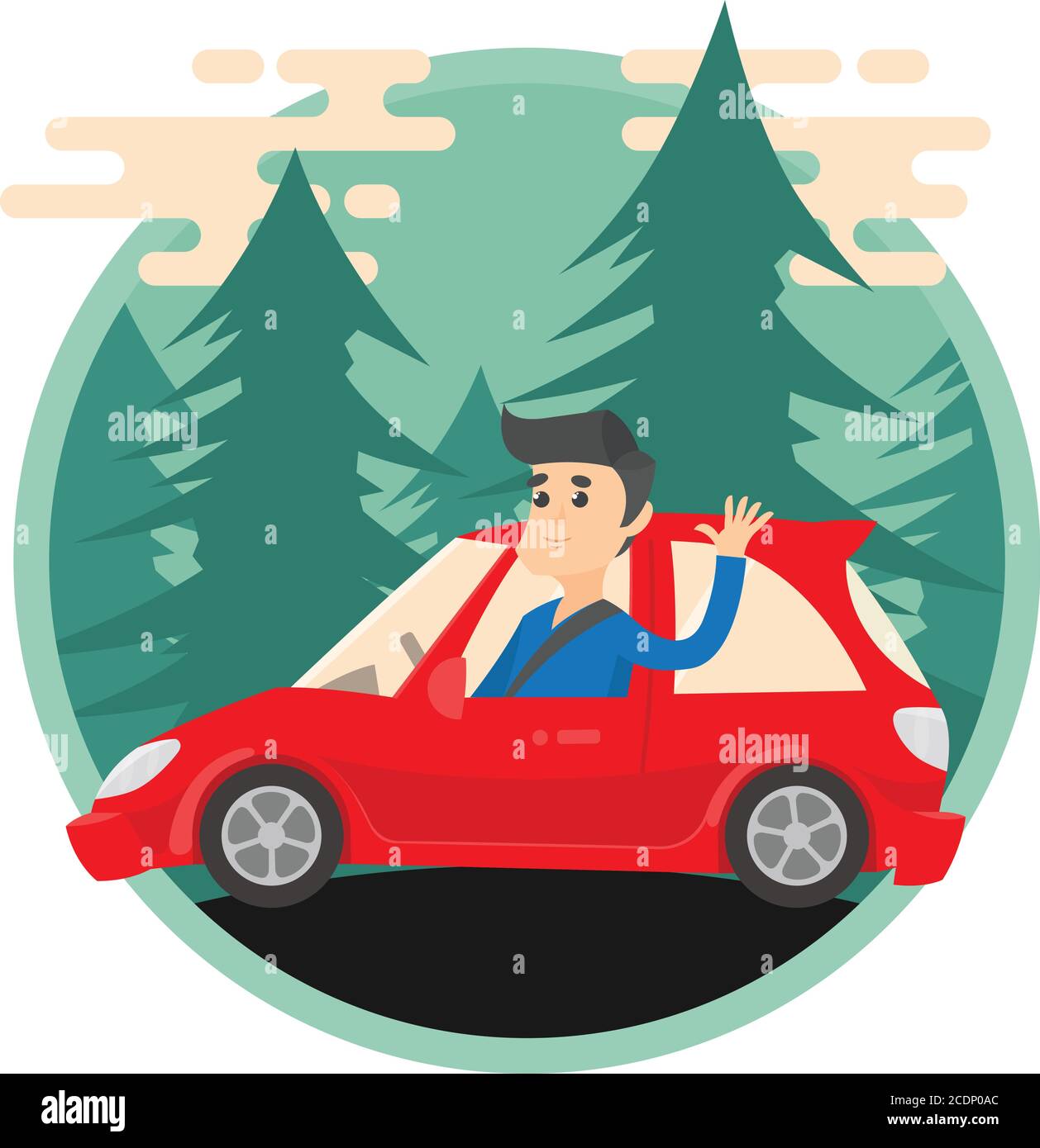 Man waving his hand while driving a car. Transportation red vehicle on ...