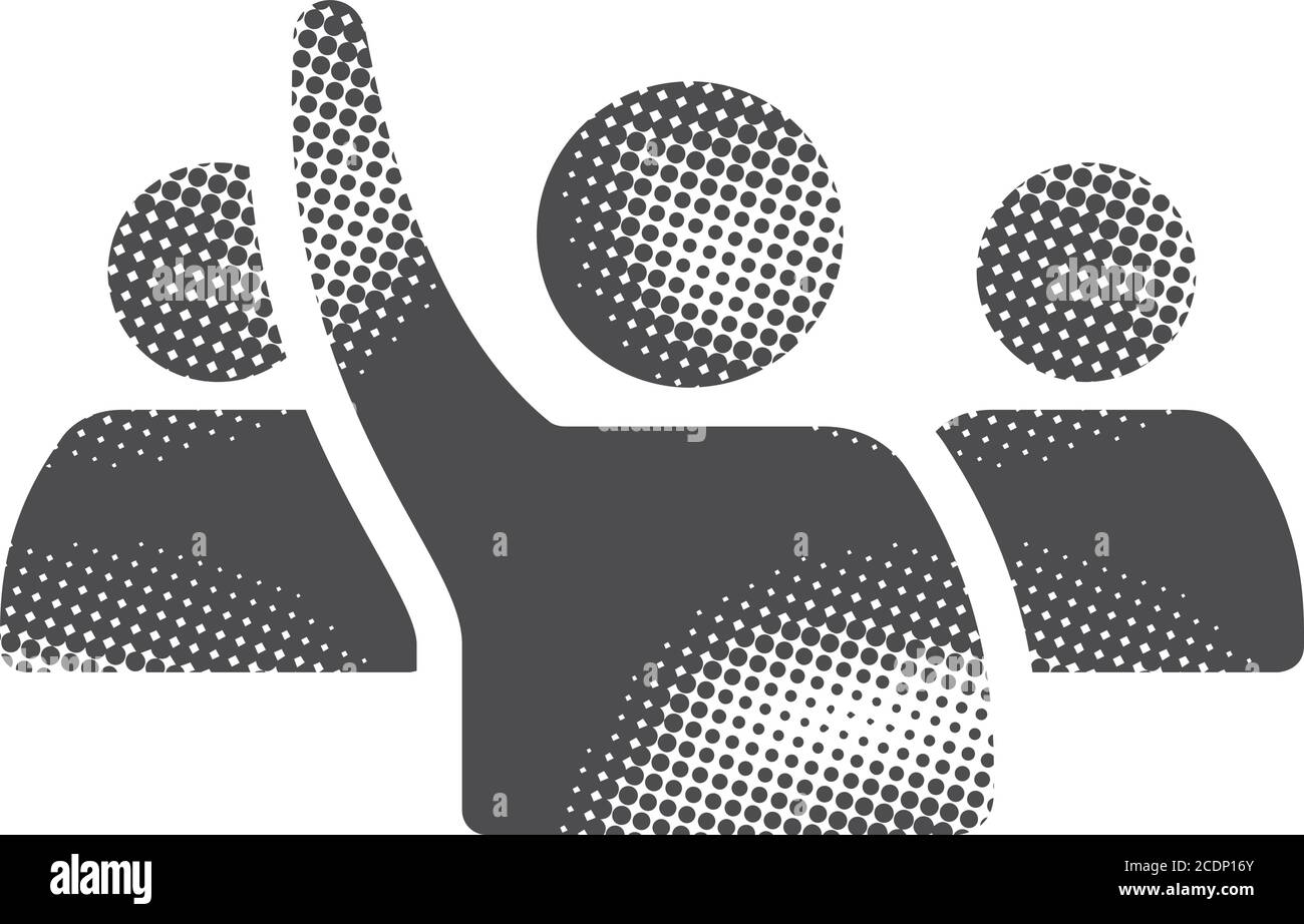 People raise hand icon in halftone style. Black and white monochrome ...