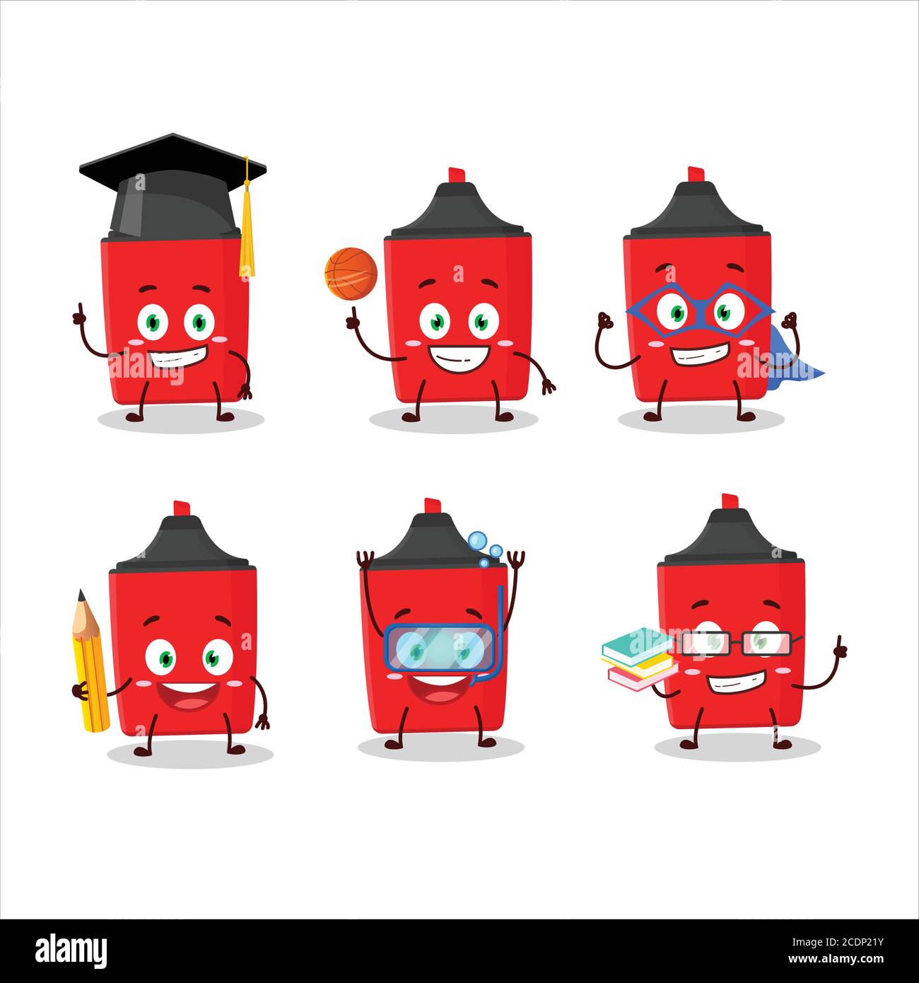 School student of red highlighter cartoon character with various ...