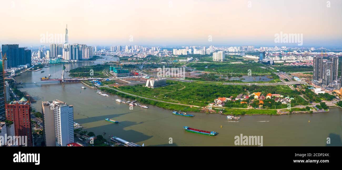 Panorama High view Saigon skyline when the sun shines down urban with ...