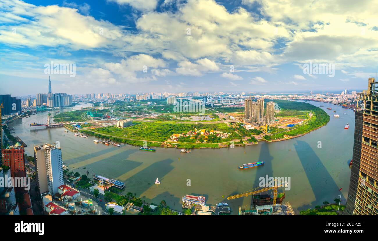 Panorama High view Saigon skyline when the sun shines down urban with ...