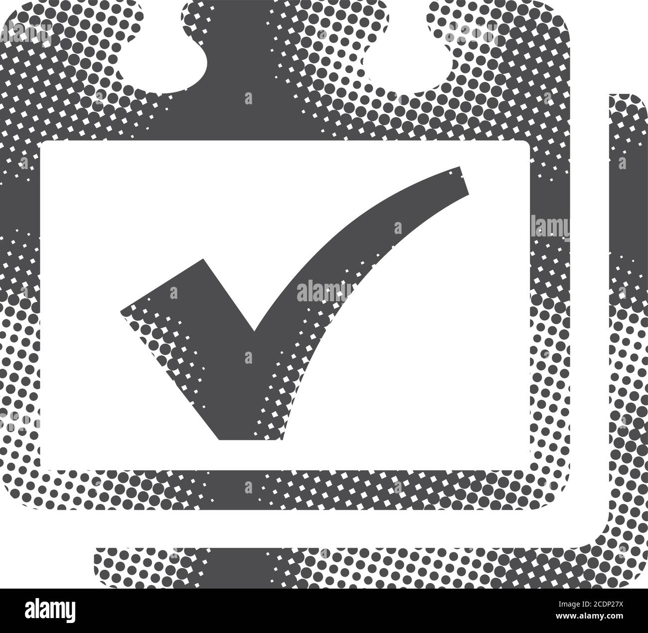 Calendar checkmark icon in halftone style. Black and white monochrome ...