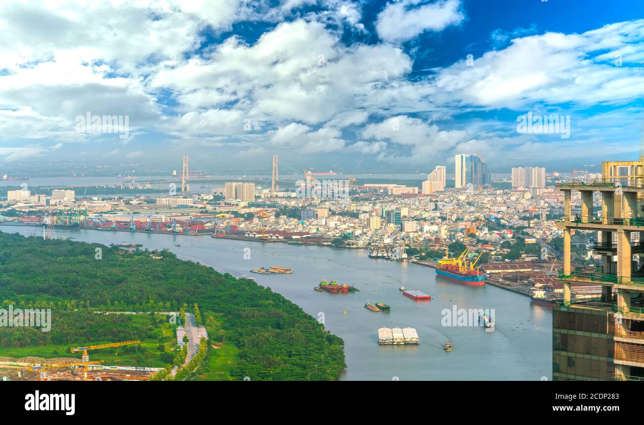 Panorama High view Saigon skyline when the sun shines down urban with ...