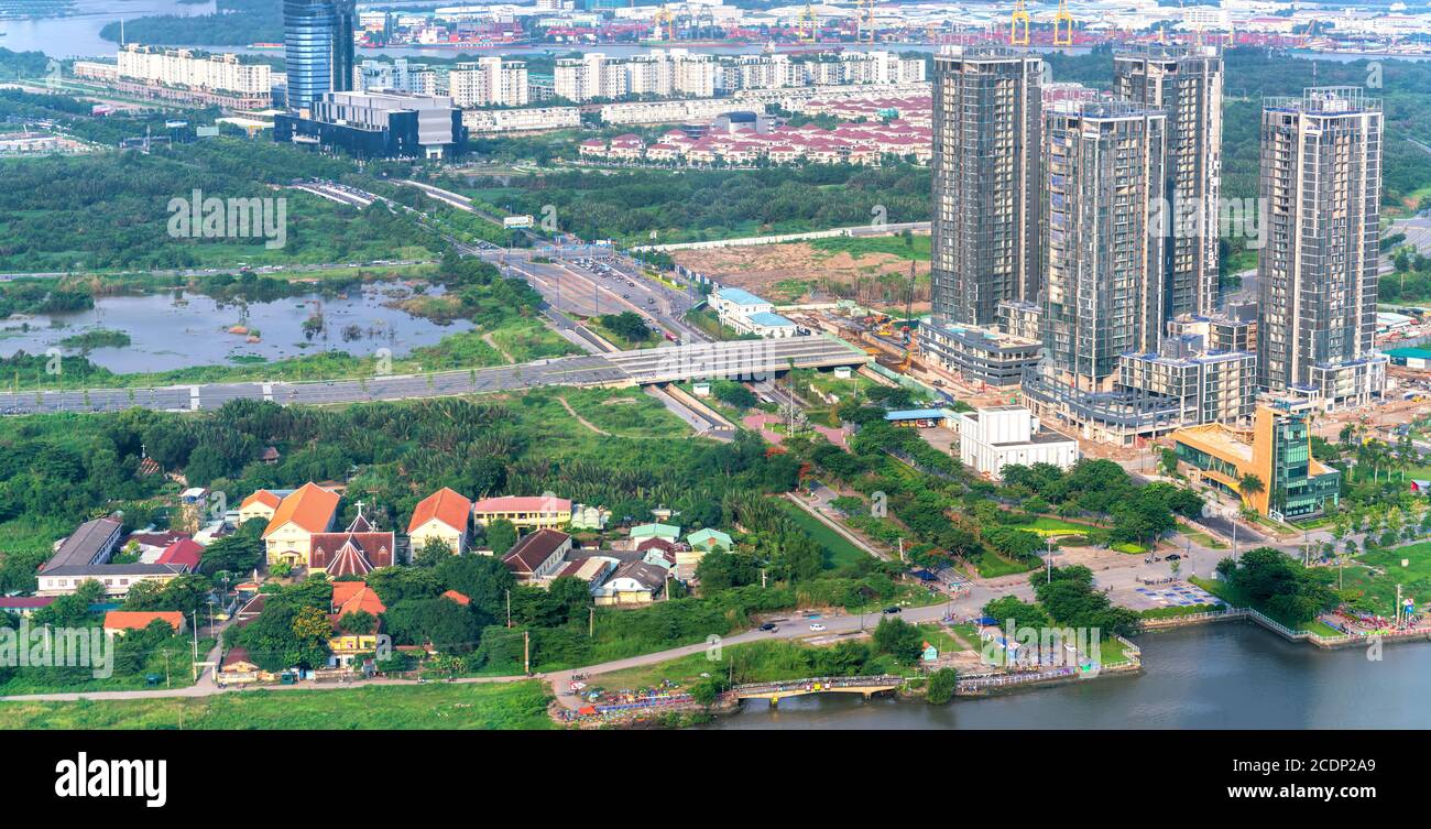 Panorama High view Saigon skyline when the sun shines down urban with ...