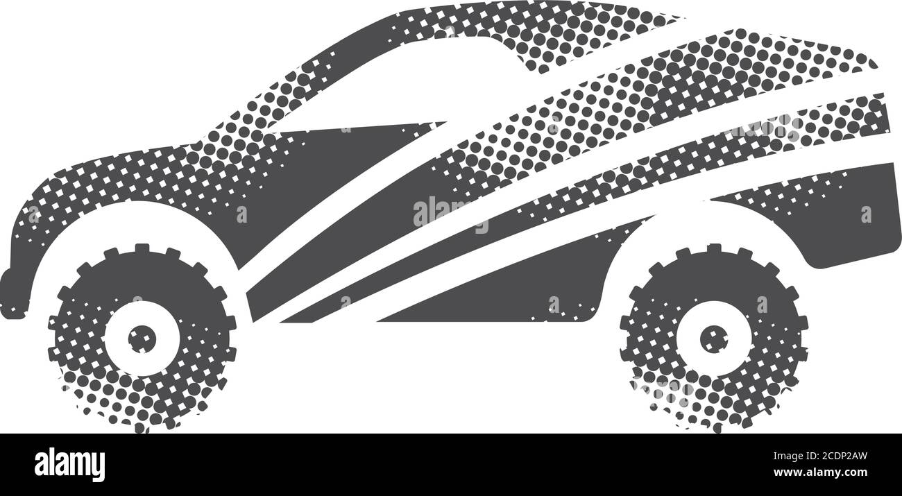 Rally car icon in halftone style. Black and white monochrome vector ...