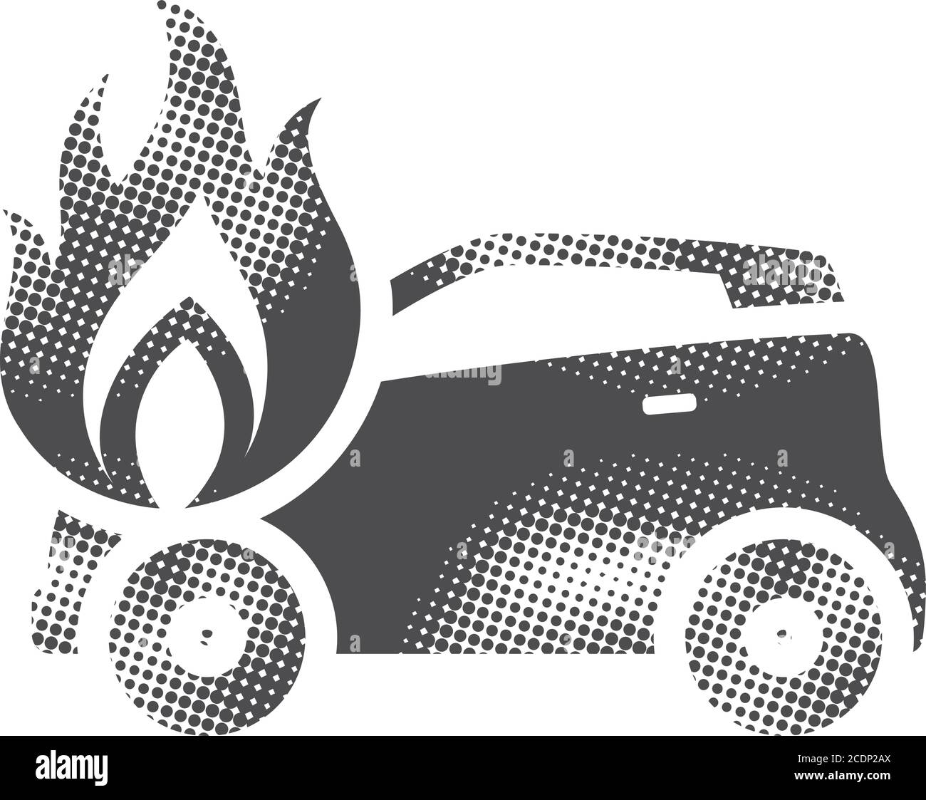 Car on fire icon in halftone style. Black and white monochrome vector ...