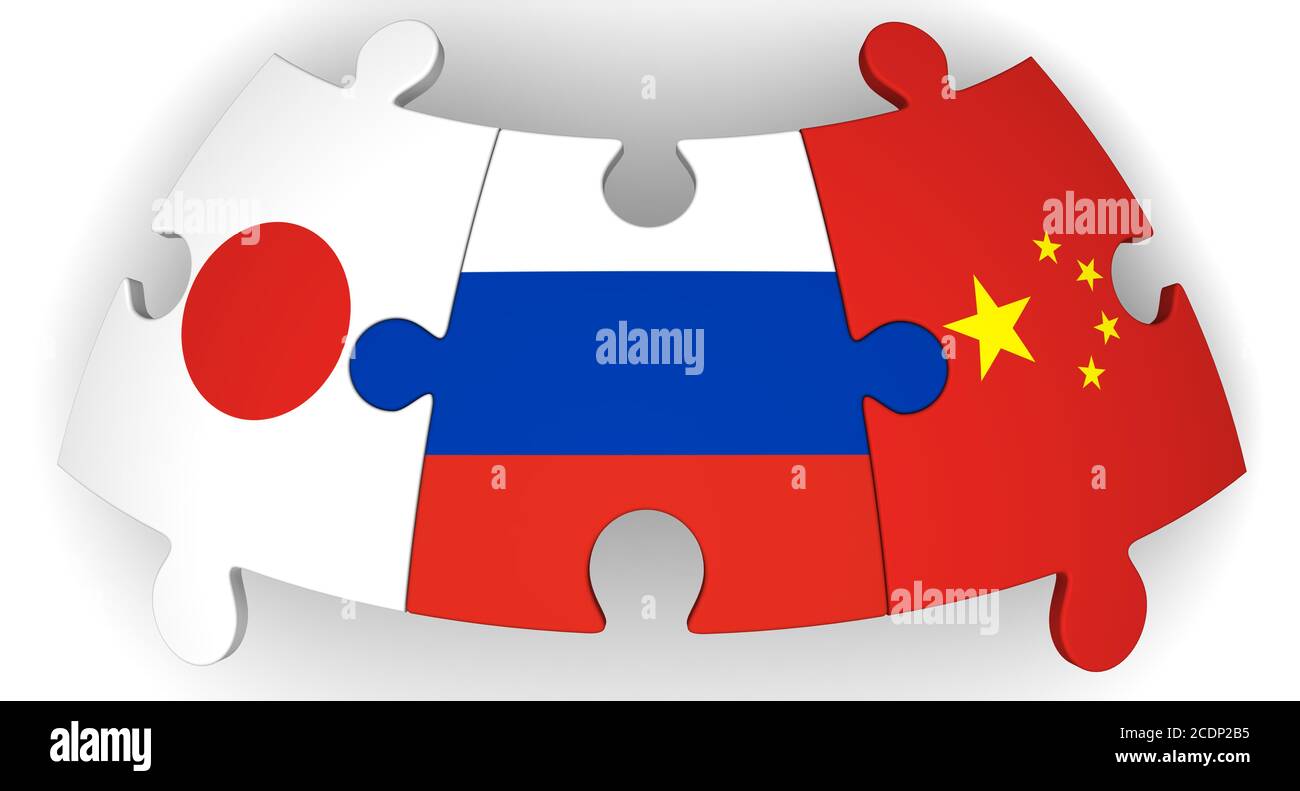 Puzzles with flags of Russia, China and Japan together on white surface ...