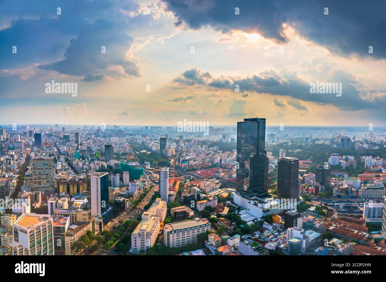 High view Saigon skyline when the sun shines down urban areas with tall ...