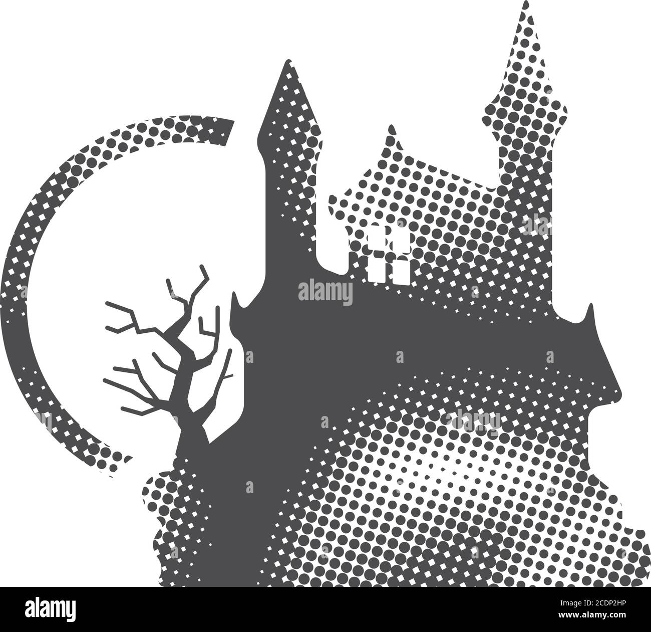 Dark castle icon in halftone style. Black and white monochrome vector ...