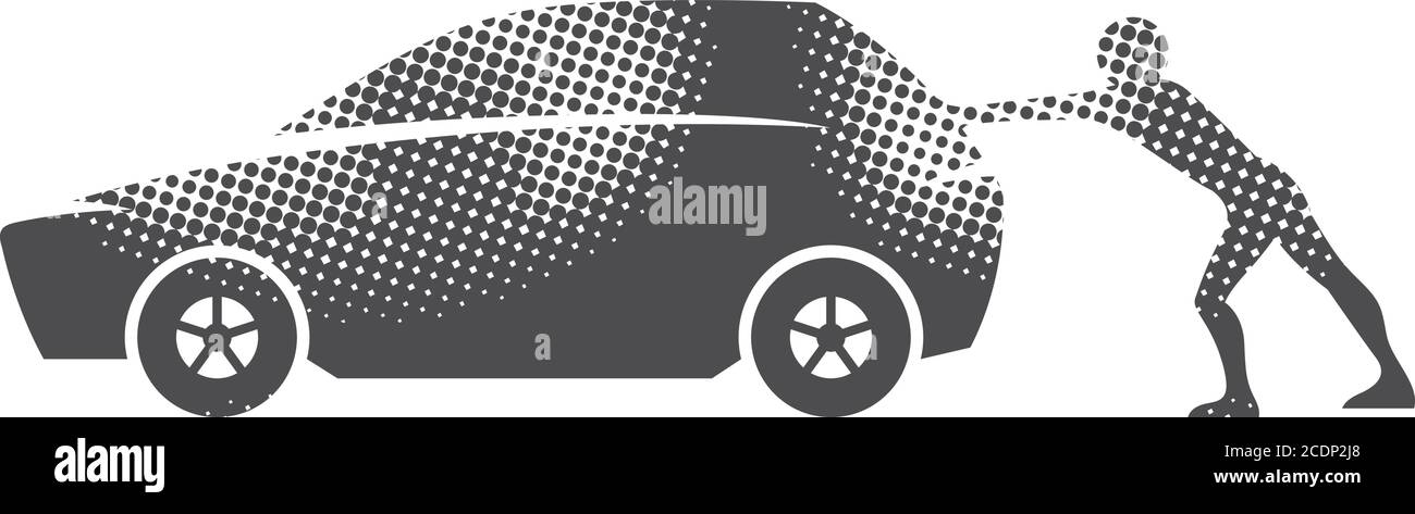 Car pushing icons in halftone style. Automotive vehicle maintenance ...