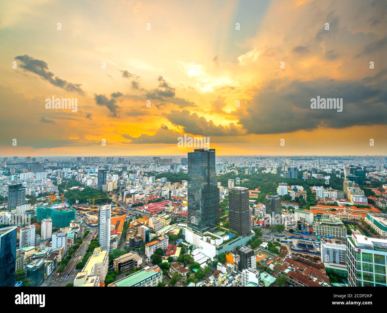 High view Saigon skyline when the sun shines down urban areas with tall ...