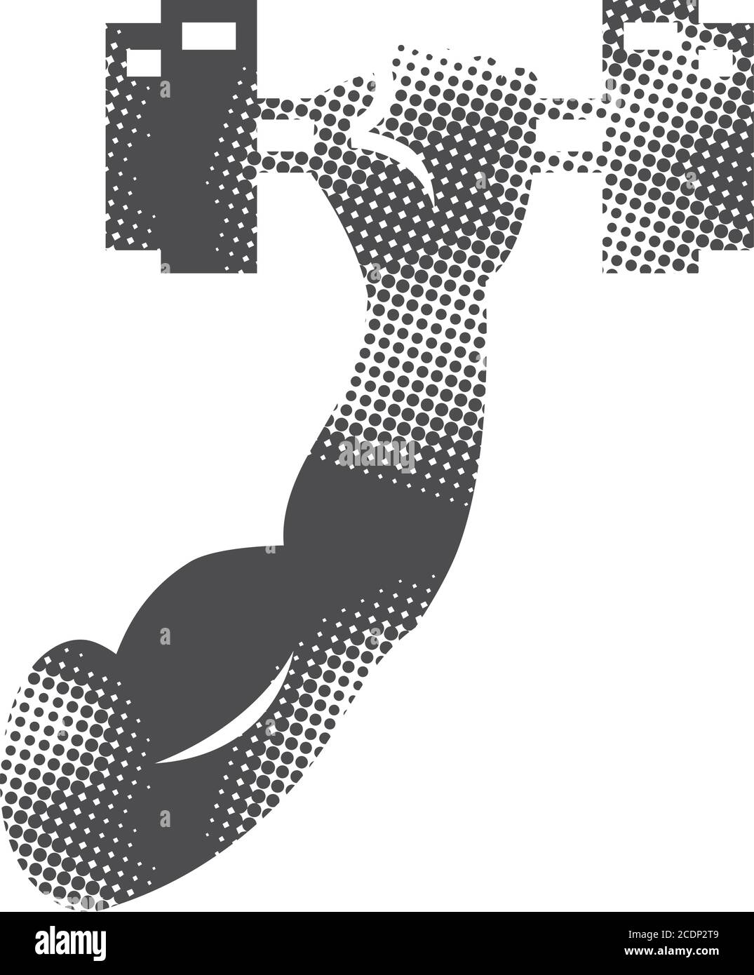 Flexed hand muscle with dumbbell in halftone style. Black and white ...