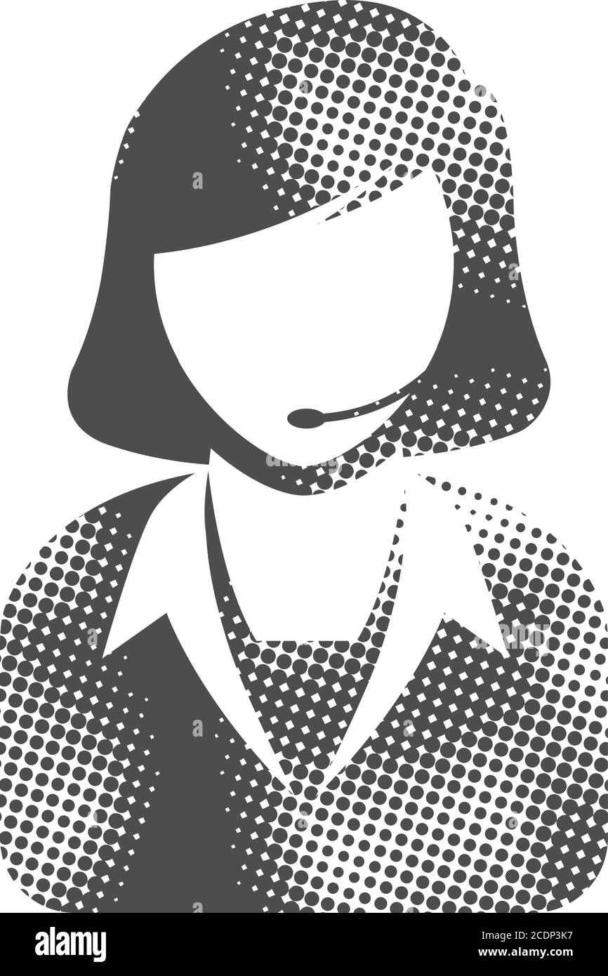 Female receptionist icon in halftone style. Black and white monochrome ...