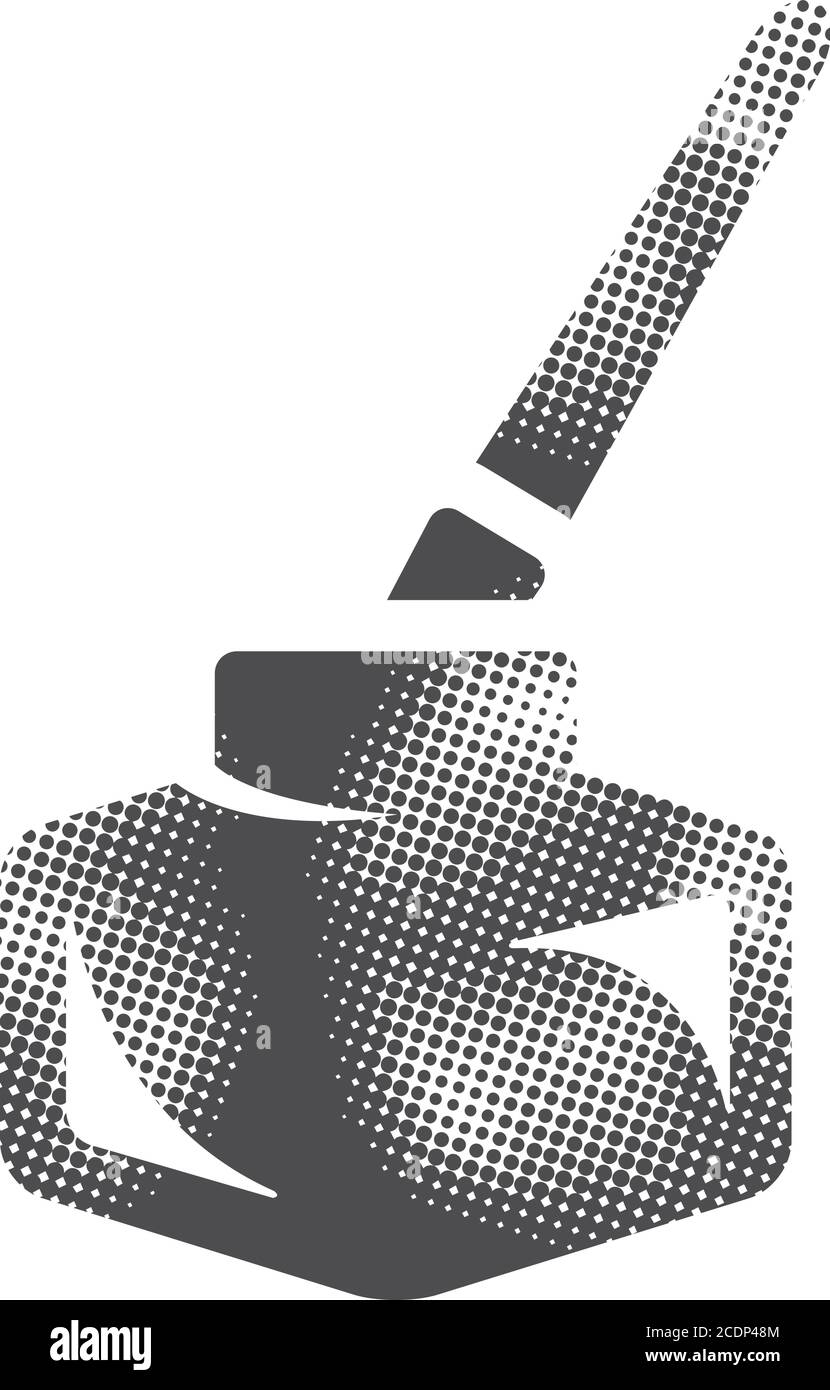 Ink pot icon with brush in halftone style. Black and white monochrome ...