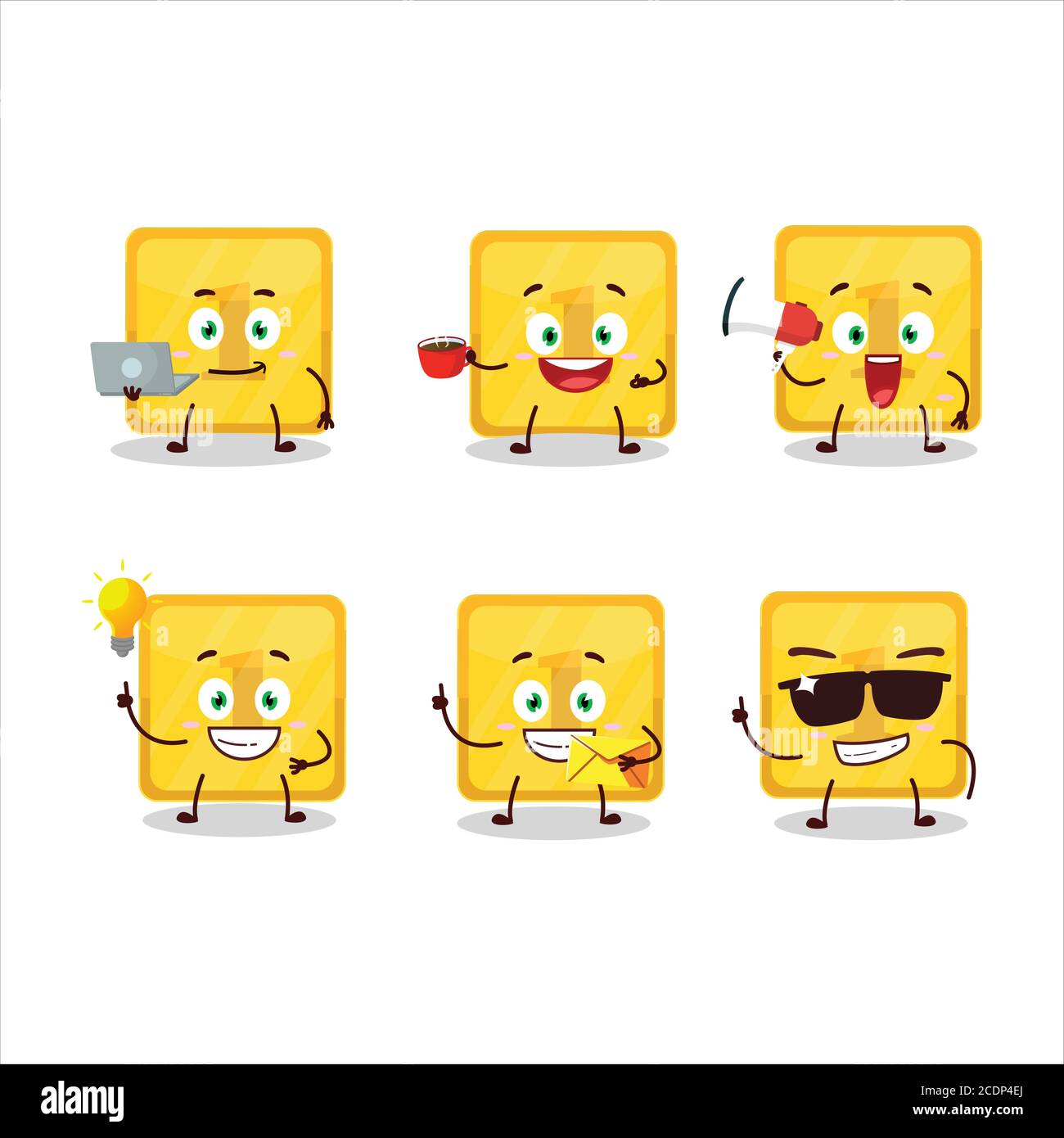 Gold first button cartoon character with various types of business ...