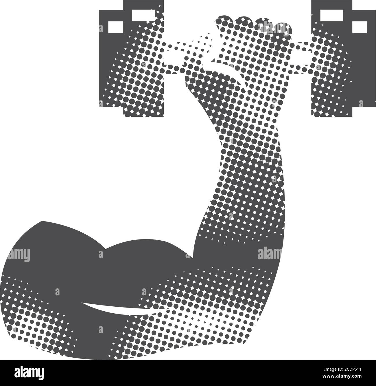 Flexed hand muscle with dumbbell in halftone style. Black and white ...