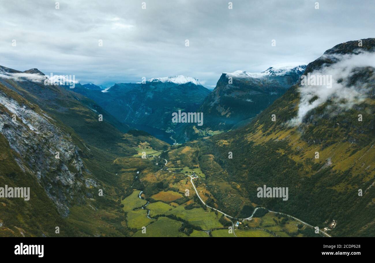 Aerial view Geiranger mountains valley landscape in Norway travel ...