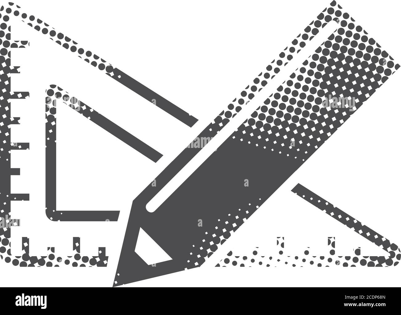 Pencil and ruler icon in halftone style. Black and white monochrome ...