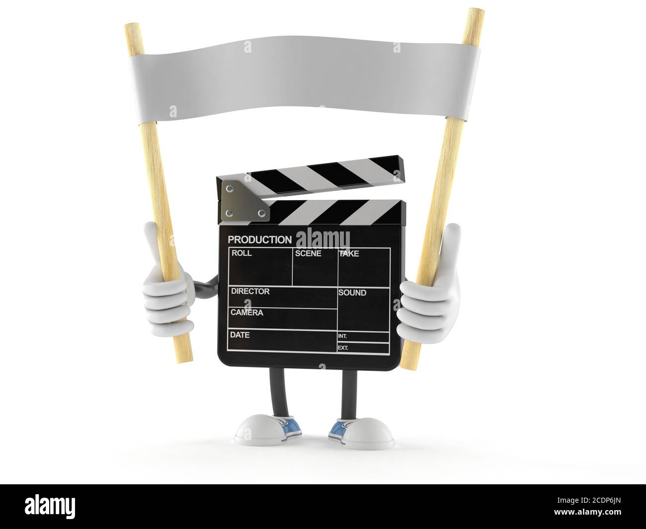 Film slate character holding blank banner isolated on white background ...