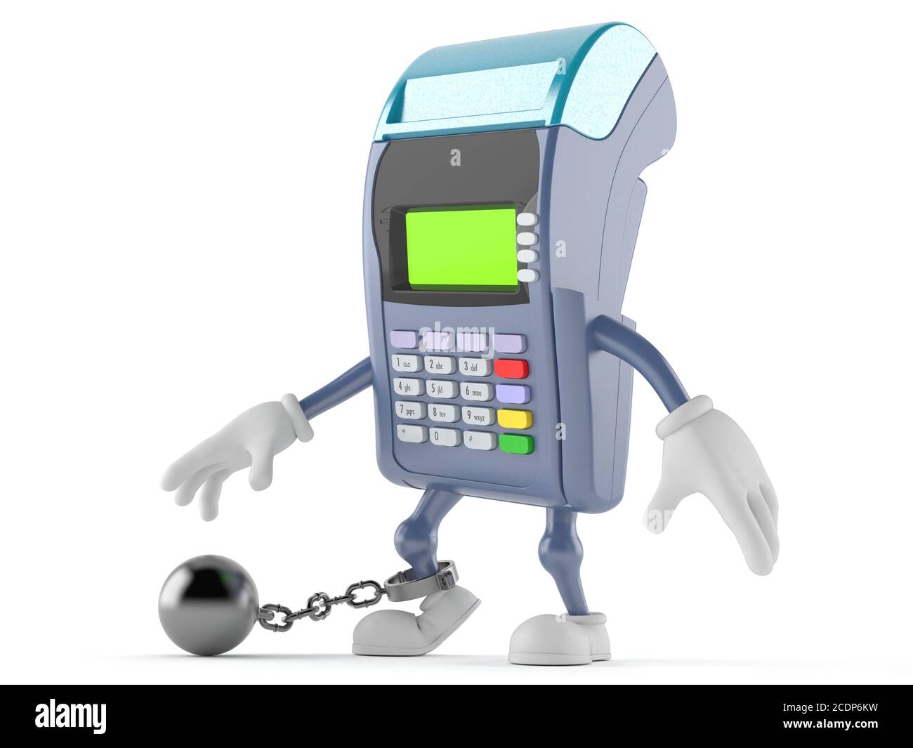 Credit card reader character with prison ball isolated on white ...