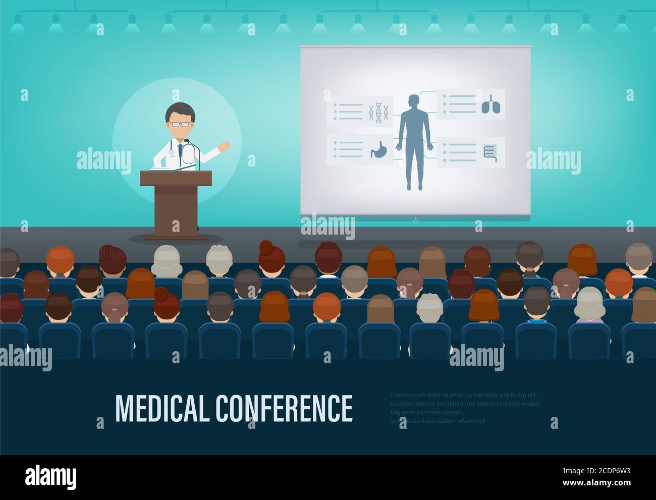 Medical conference banner with doctor speak on stage flat design vector ...