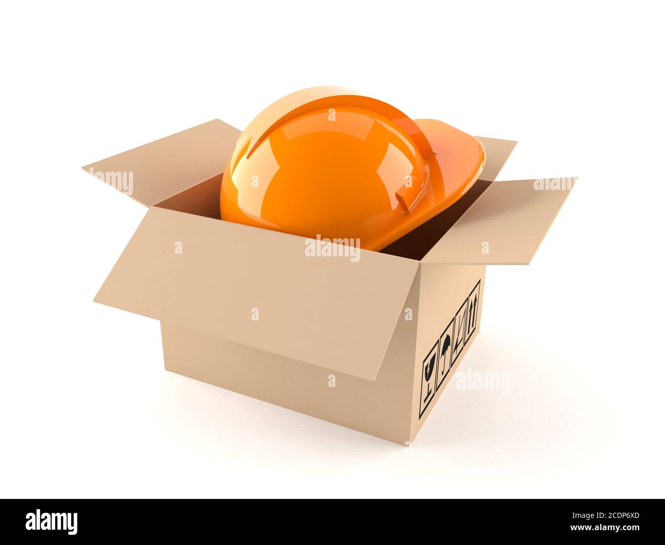 Hard hat inside box isolated on white background Stock Photo - Alamy