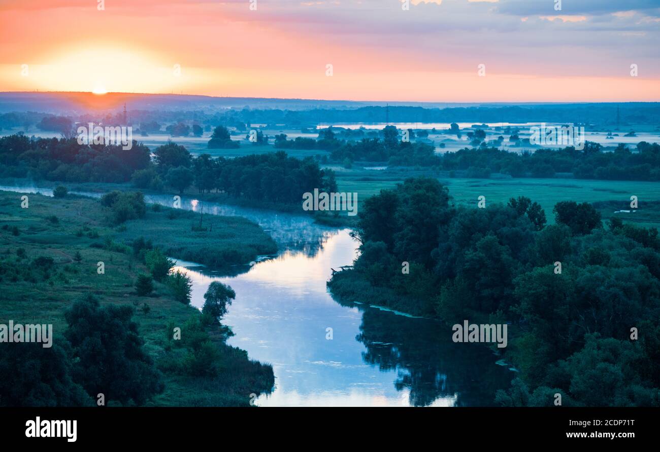 Beautiful scenic lanscape of river with clear silent water between ...