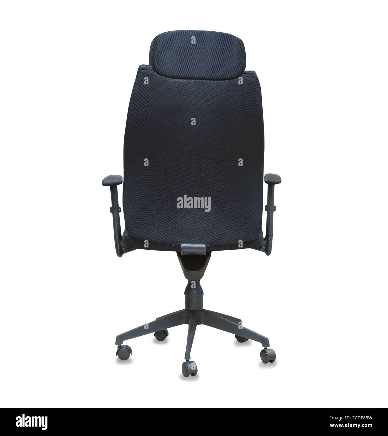 Back view of modern office chair from black cloth isolated over white ...