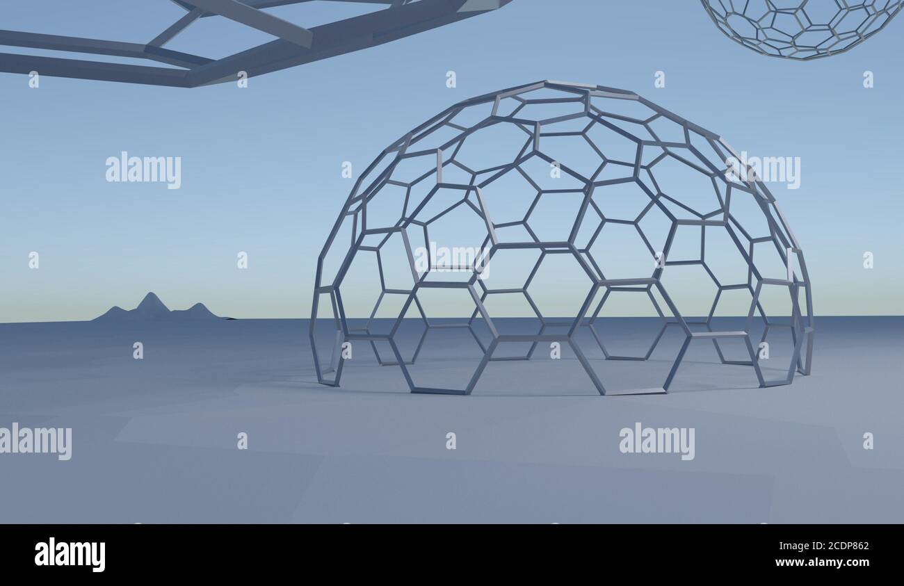 abstract landscape with hexagone spheres in blue colors 3d illustration ...