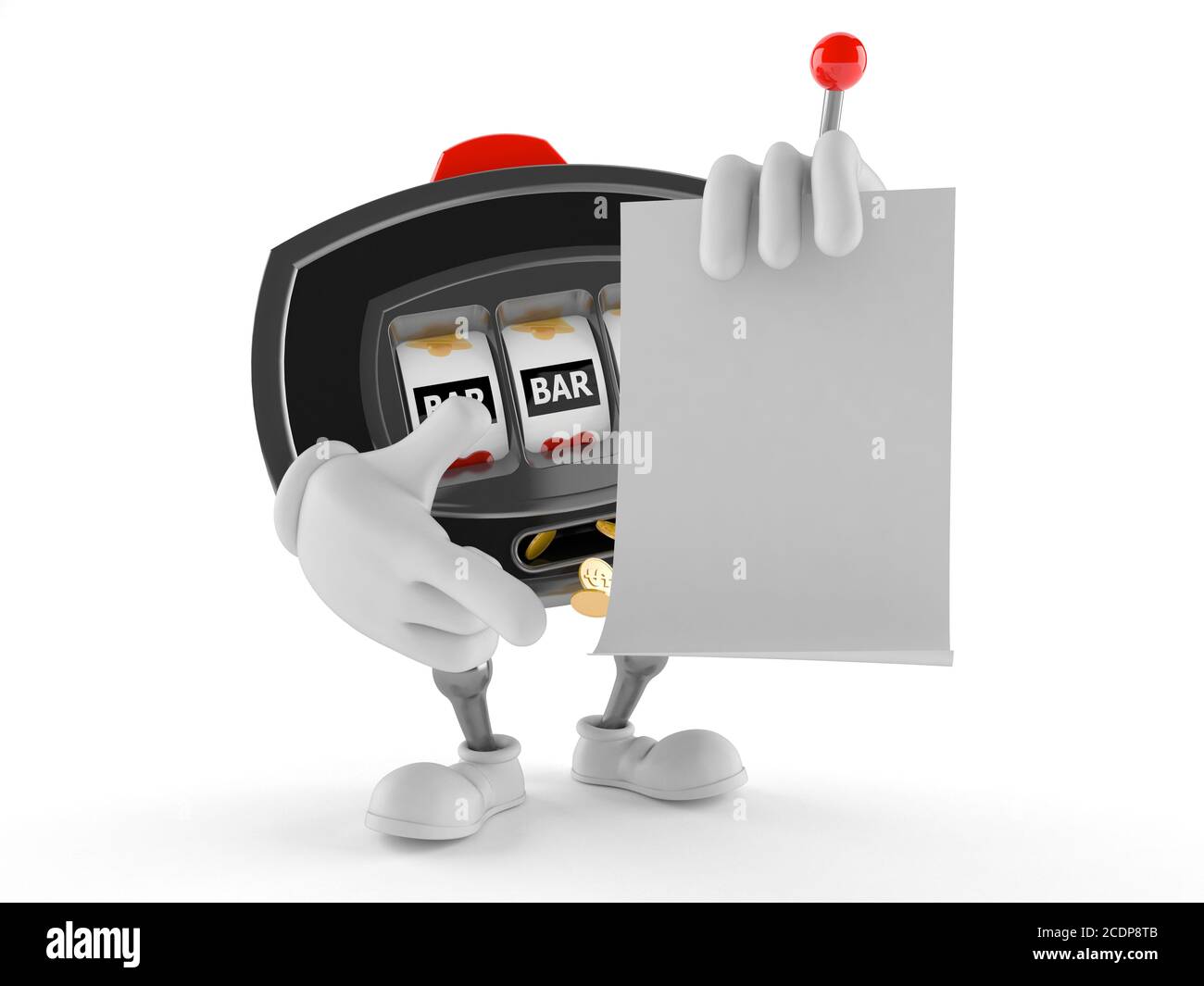 Slot machine character with blank sheet of paper isolated on white ...