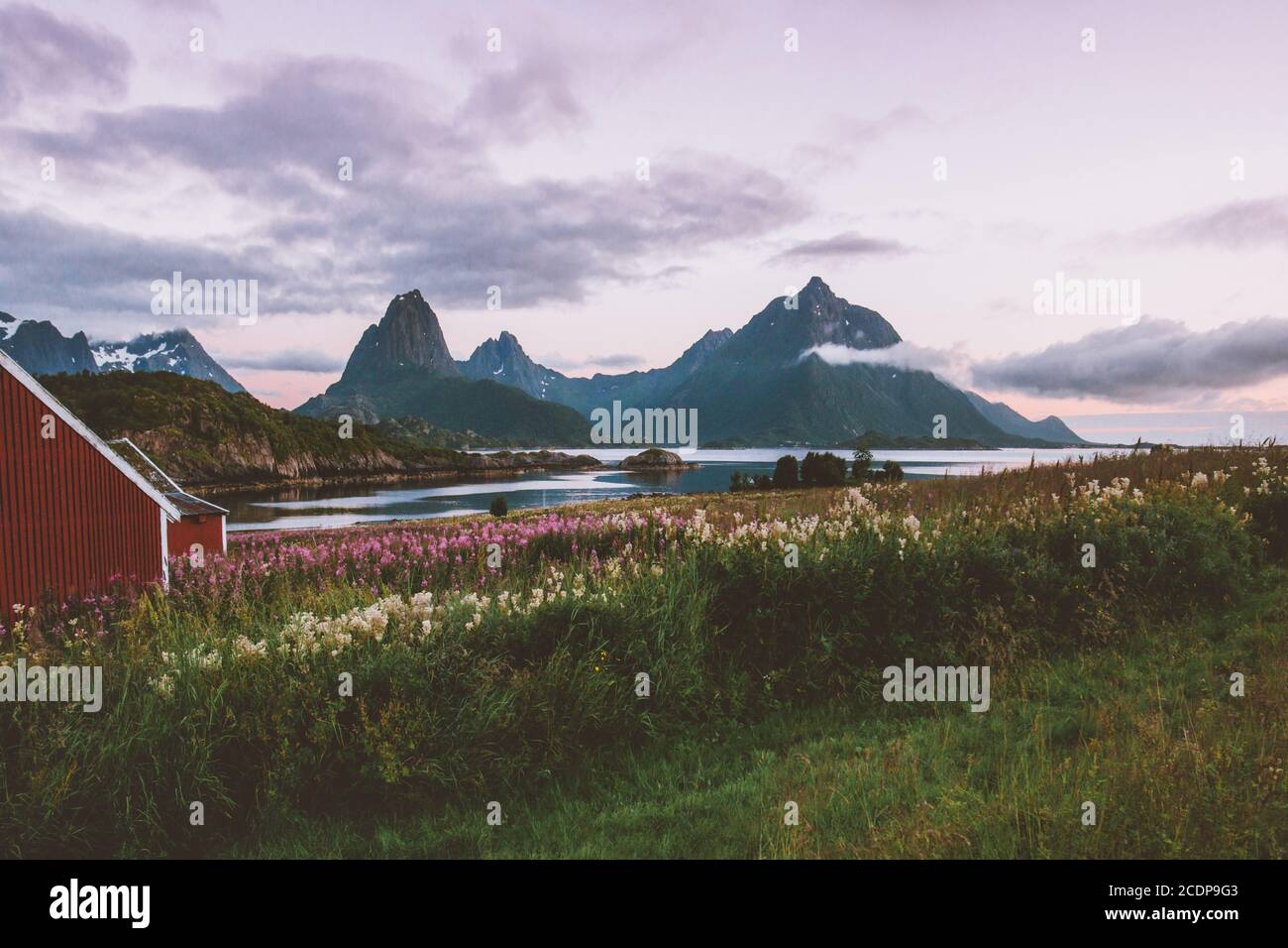 Village in Norway landscape sunset mountains and fjord Lofoten islands ...
