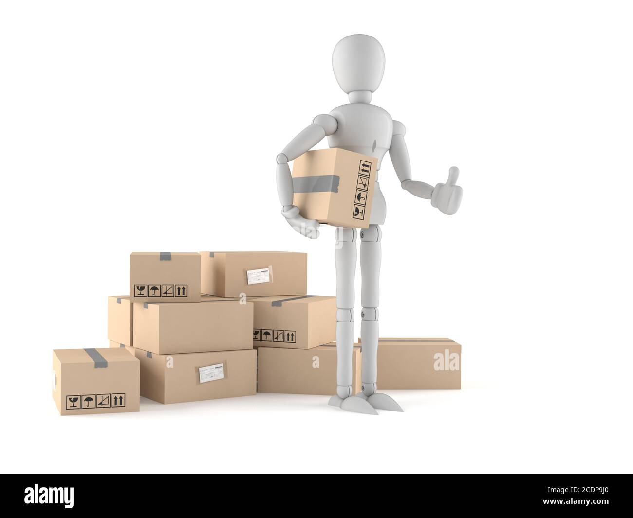 White dummy character with stack of boxes isolated on white background ...
