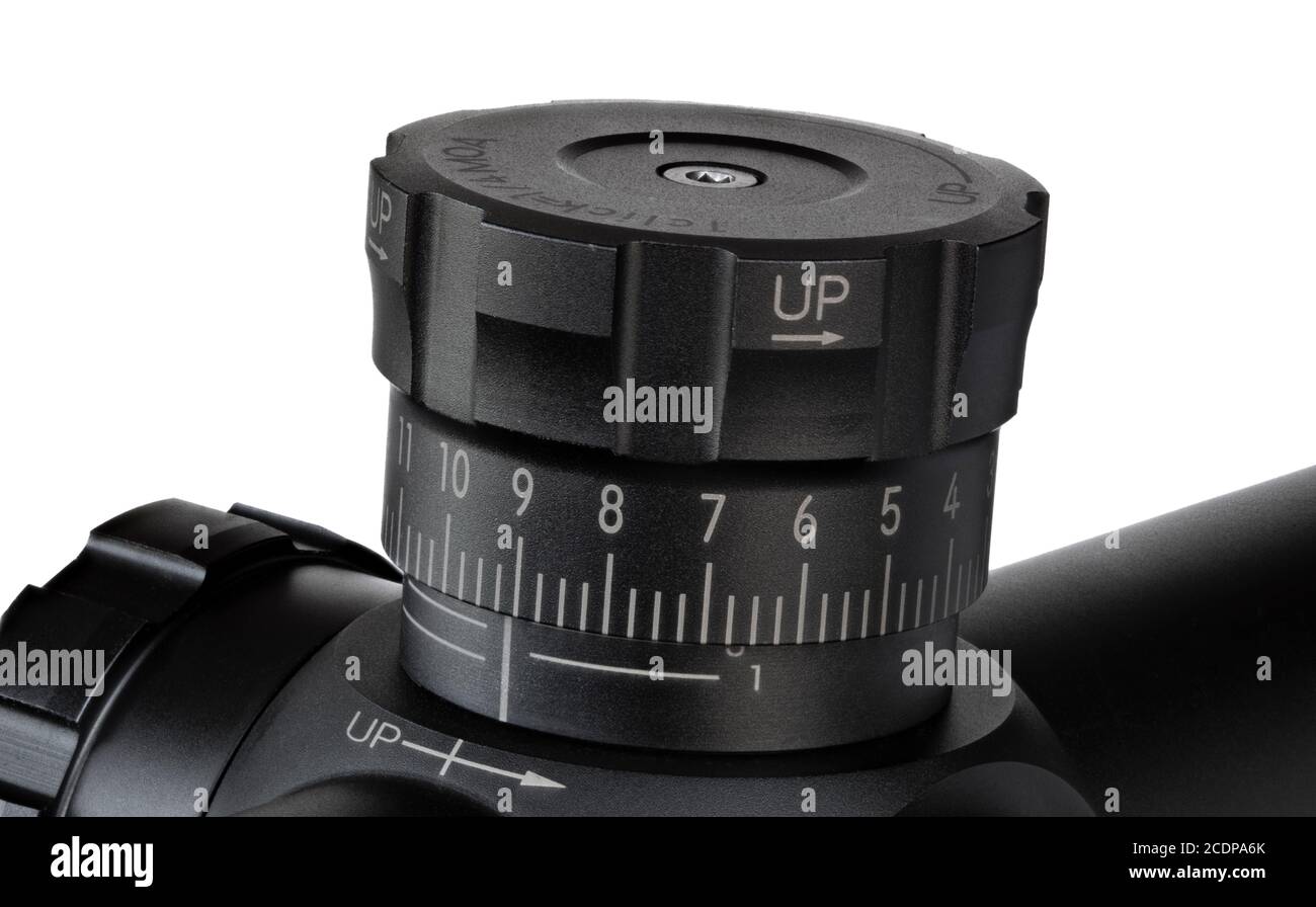 Elevation turret on a rifle scope isolated on white Stock Photo - Alamy