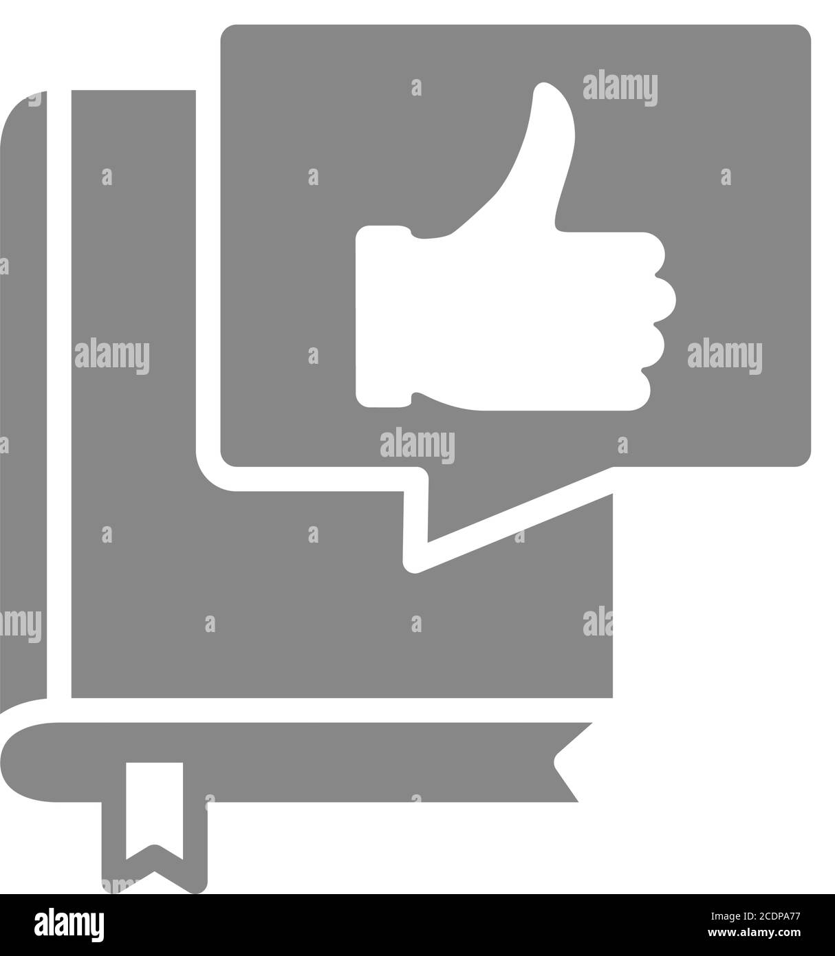 Book with thumb up in speech bubble gray icon. Best book, customer ...