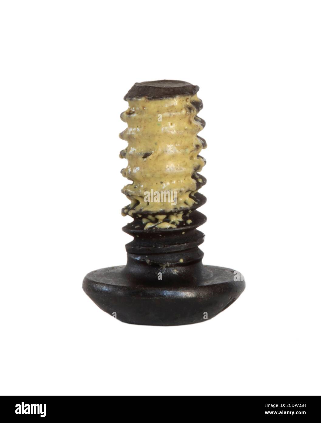 Black bolt with yellow thread locking compound isolated on white Stock ...