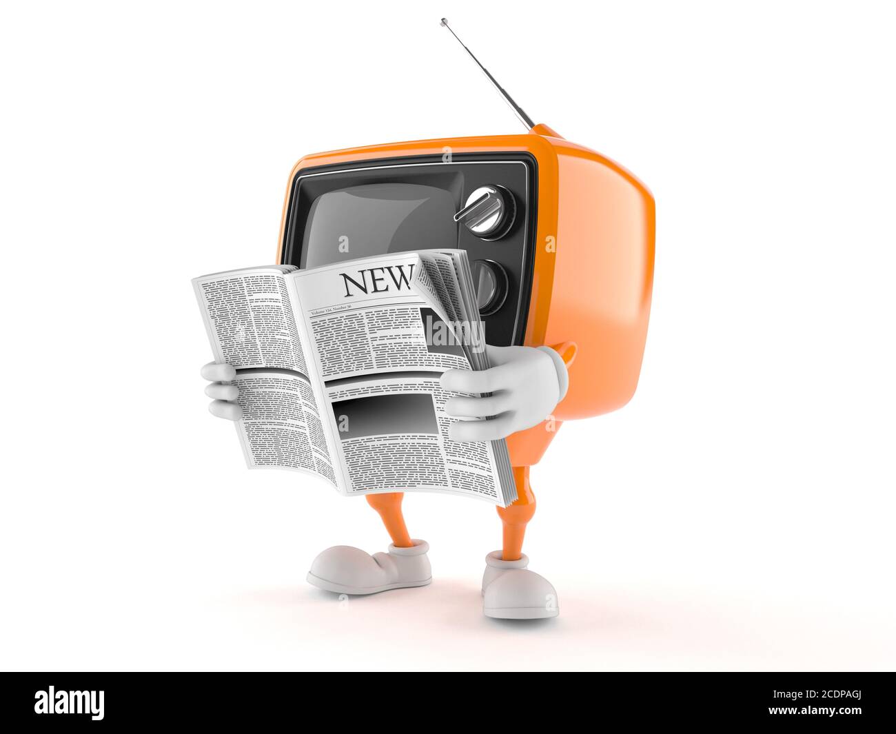 Retro TV character reading newspaper on white background Stock Photo ...