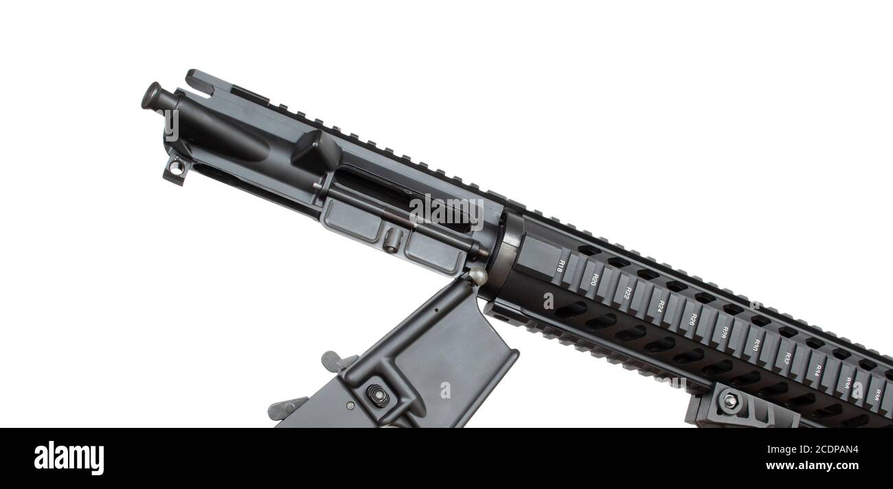 AR-15 lower and upper receivers rotating together isolated on a white ...