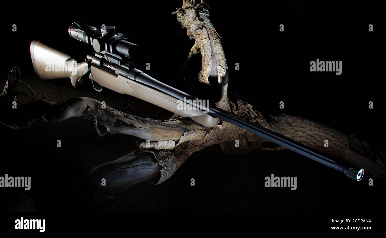 Hunting rifle with a high powered scope across a log with dark ...