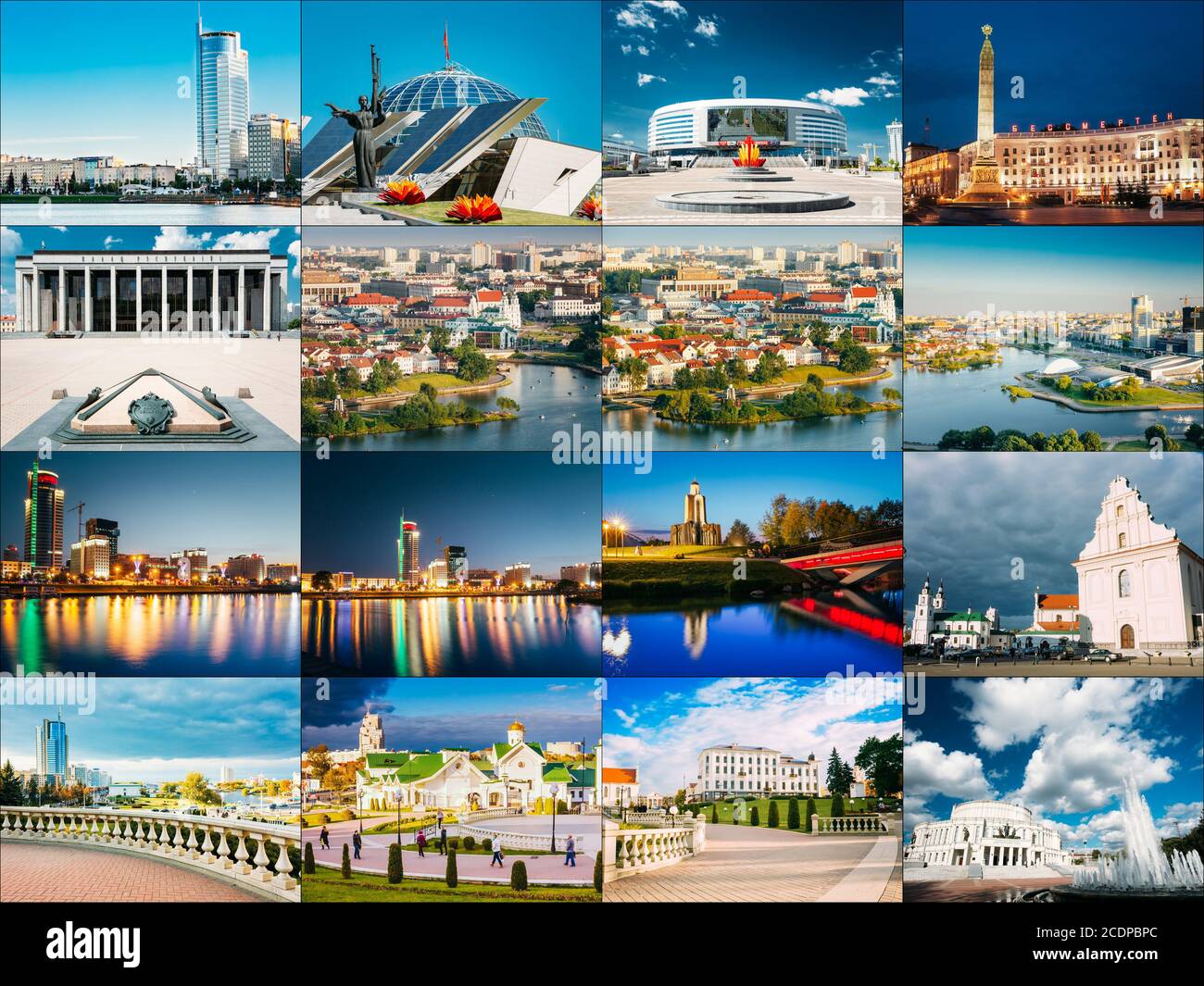 Minsk, Belarus. Set Collage With Many Local Famous Landmarks In ...