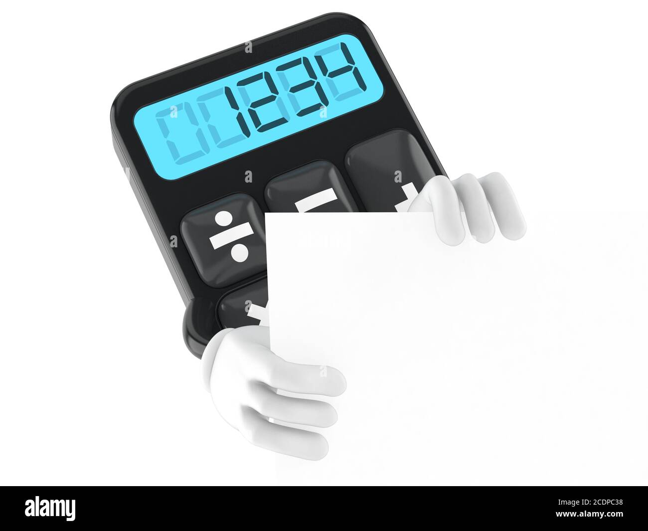 Calculator character behind white board isolated on white background ...