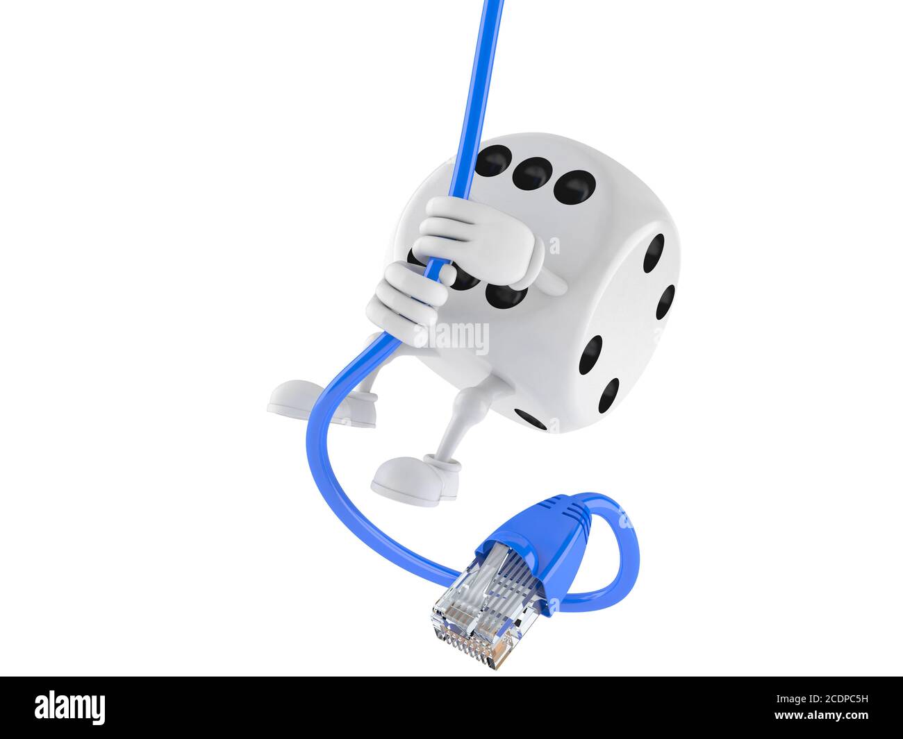 Dice character swinging on network cable isolated on white background ...