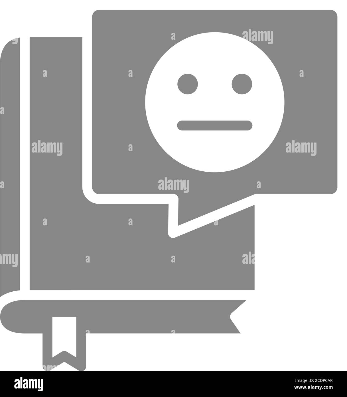 Book with neutral face in chat bubble grey icon. Unemotional review ...