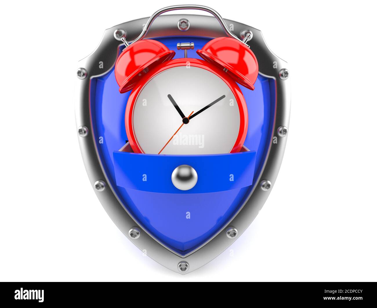 Shield with alarm clock isolated on white background Stock Photo - Alamy