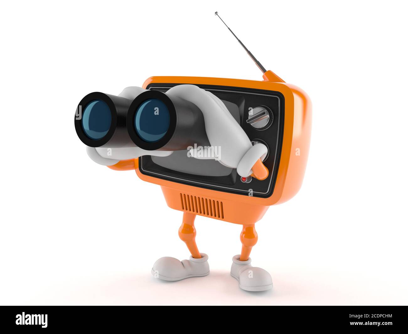 Retro TV character looking through binoculars isolated on white ...